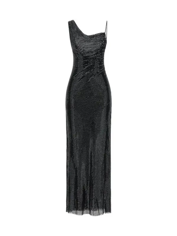 SELF-PORTRAIT Rhinestone Draped Maxi Tulle Dress - Black