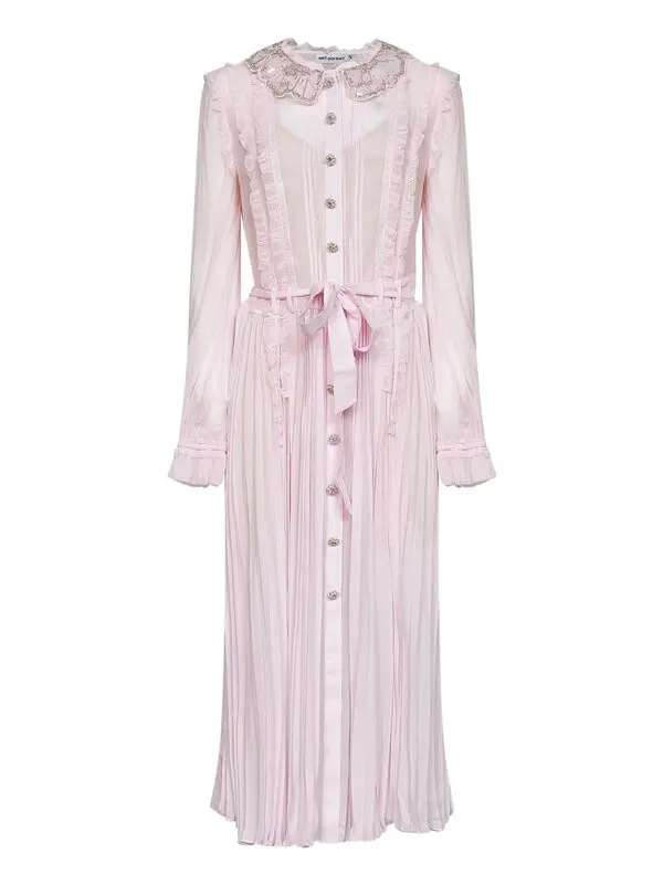 SELF-PORTRAIT Pink Pleated Chiffon Belted Midi Dress - Multicolor