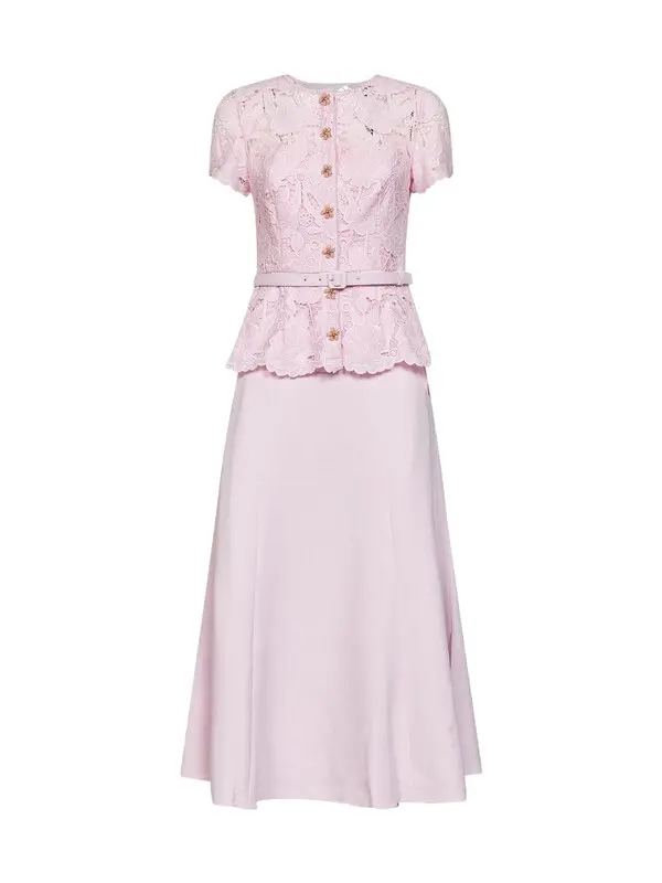 SELF-PORTRAIT Pink Crepe And Lace Belted Midi Dress - Multicolor