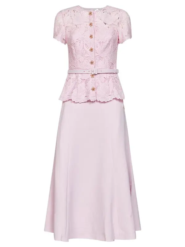 SELF-PORTRAIT Pink Crepe And Lace Belted Midi Dress - Multicolor