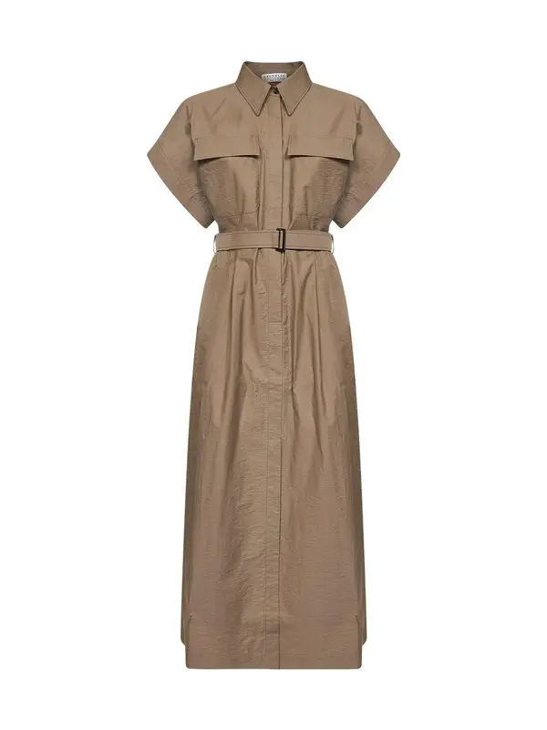 Brunello Cucinelli Textured Twill Belted Shirt Dress - Multicolor
