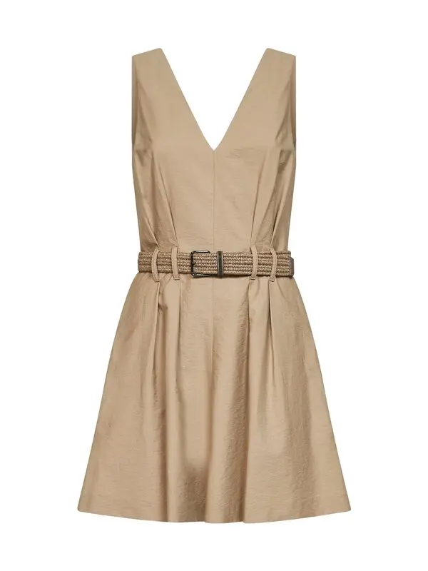 Brunello Cucinelli Sahara Texture Twill Mini Dress With Belt And Monili - Multicolor