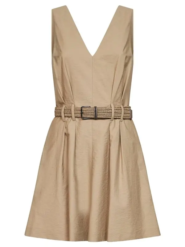 Brunello Cucinelli Sahara Texture Twill Mini Dress With Belt And Monili - Multicolor