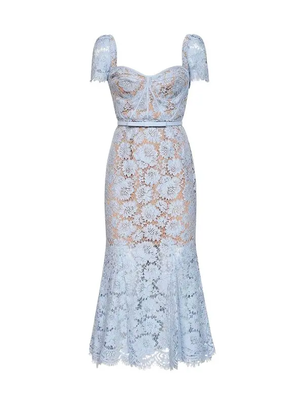 SELF-PORTRAIT Light Blue Lace Belted Midi Dress - Multicolor