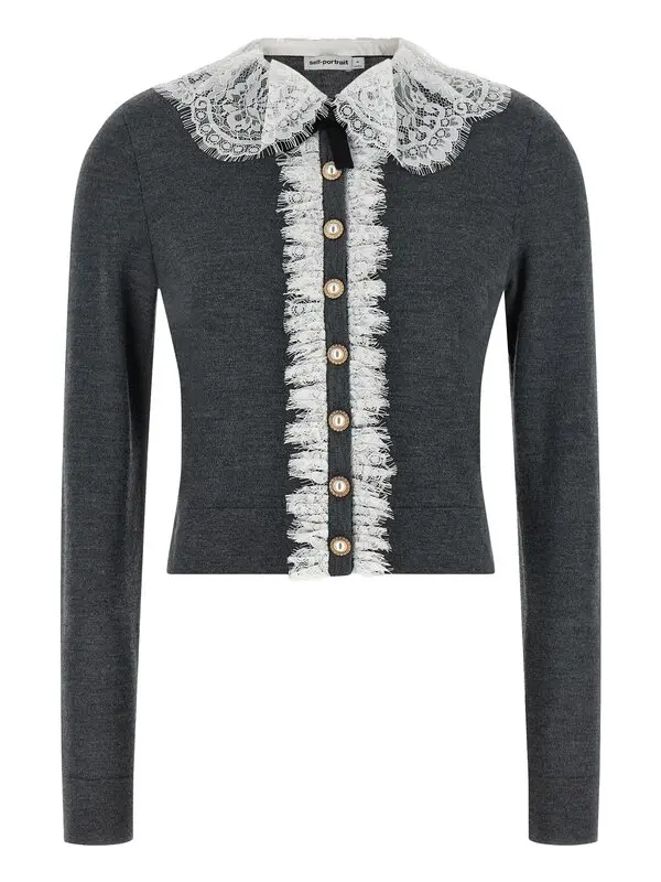 SELF-PORTRAIT Grey Lace Collar Knit Cardigan - Gray