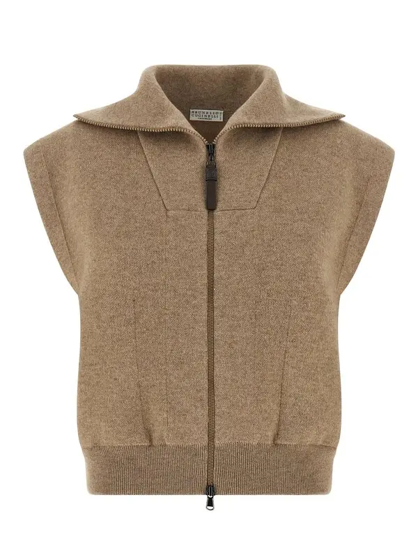 Brunello Cucinelli Mélange Cashmere Vest With Shiny Zipper Pull - Cream