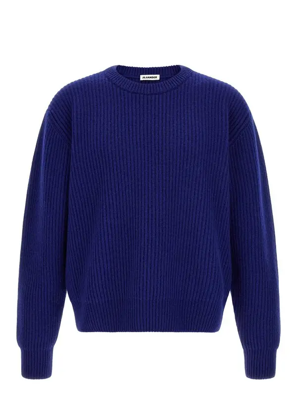 JIL SANDER Fisherman's Rib Crew Neck Heavy Ribbed Wool Sweater - Blue