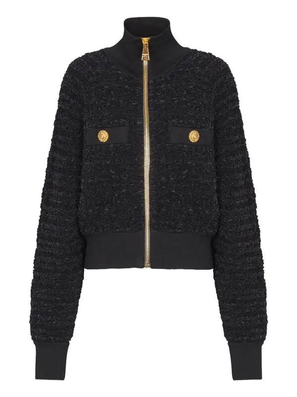 Balmain Textured Zip Bomber Jacket With Button Details - Multicolor