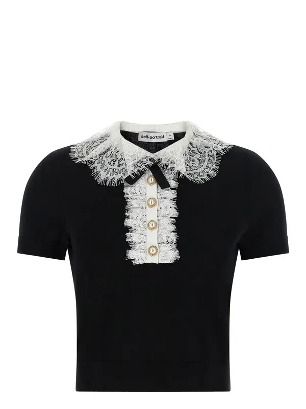 SELF-PORTRAIT Knit Top With Lace Collar And Bow Detail - Multicolor