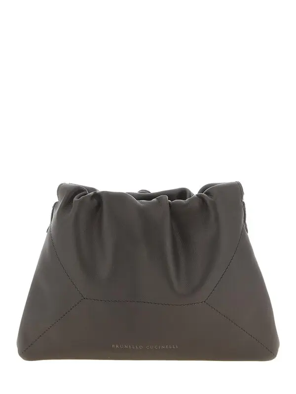 Brunello Cucinelli Calf Leather 'bc Duo' Pouch With Monile Details And Drawstring Shoulder Strap - Brown