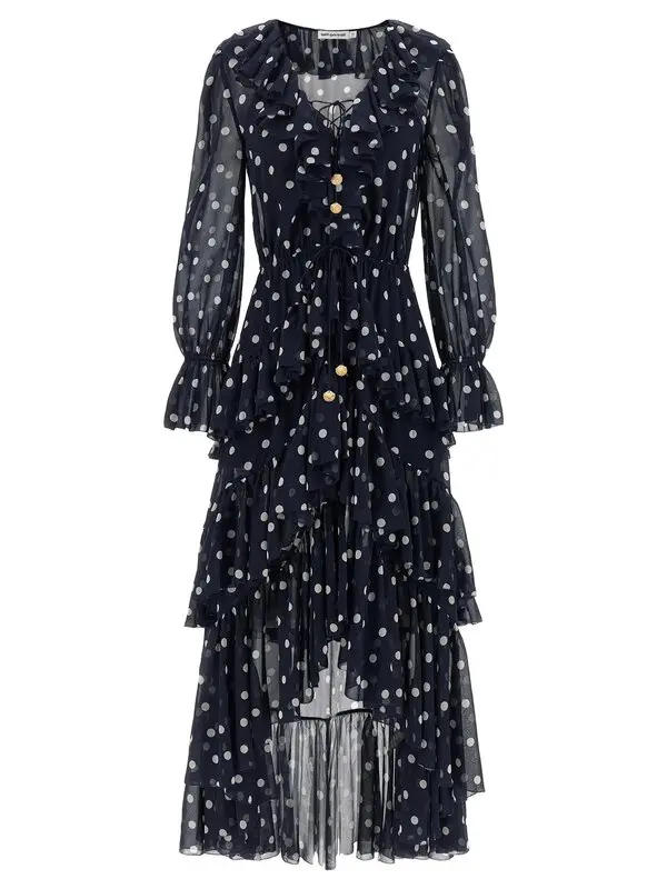 SELF-PORTRAIT Polka Dot Georgette Ruffle Maxi Dress - Blue