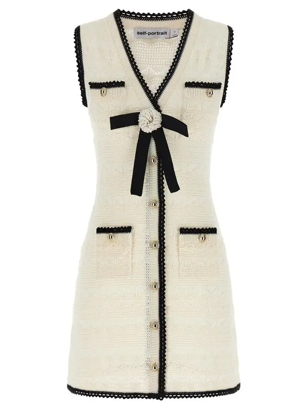 SELF-PORTRAIT Knit Pointelle Dress With Bow Detail - Multicolor