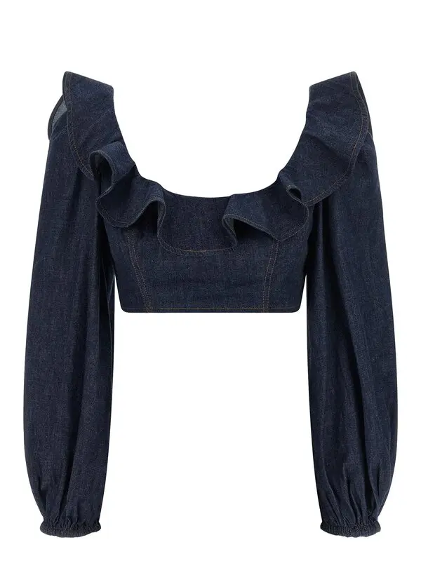 Zimmermann Aster Ruffled Cotton Denim Crop Top - Blue