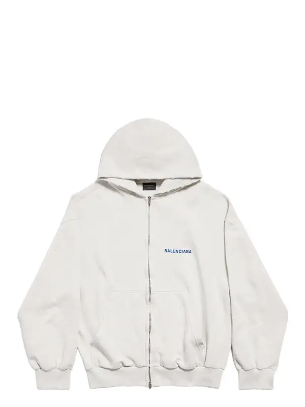 Balenciaga Logo Embroidered Zip-up Hoodie - Dirty White/blue