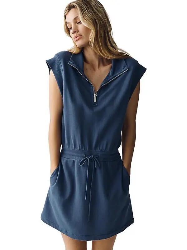 Z Supply Sleeveless Quarter Zip Cotton Dress With Drawstring Waist - True Navy