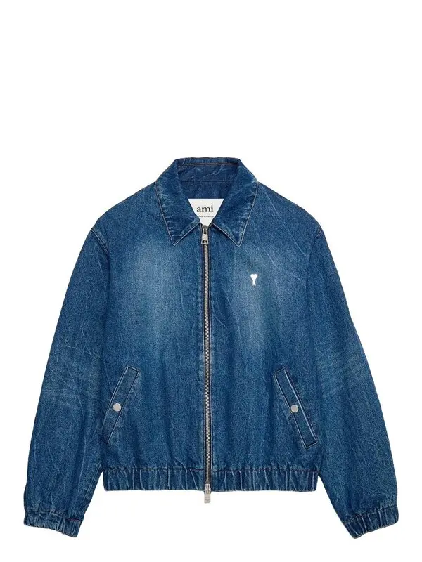 Ami Logo Detailed Zipped Denim Jacket - Blue