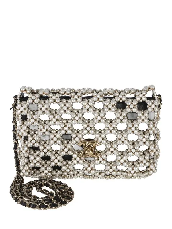 Chanel Gold Metal Pearl Embellished Flap Bag - Black