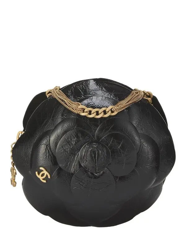 Chanel Patent Leather Camellia Round Chain Clutch - Black