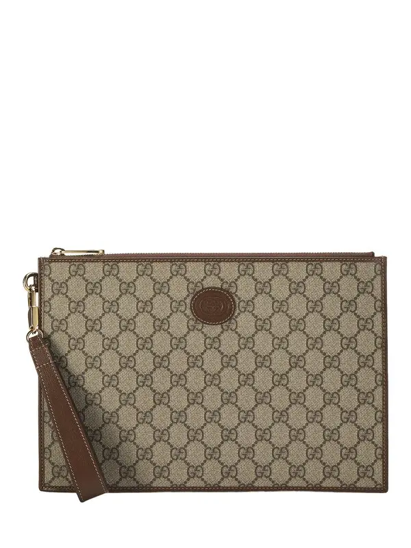 Gucci Gg Supreme Canvas Clutch With Leather Trim - Brown