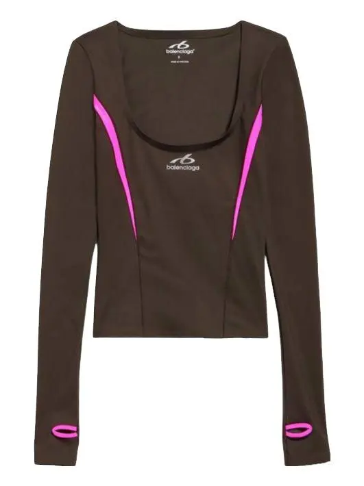 Balenciaga Fitted Long Sleeve Top With Contrasting Details - Khaki/brown/fluorescent Pink