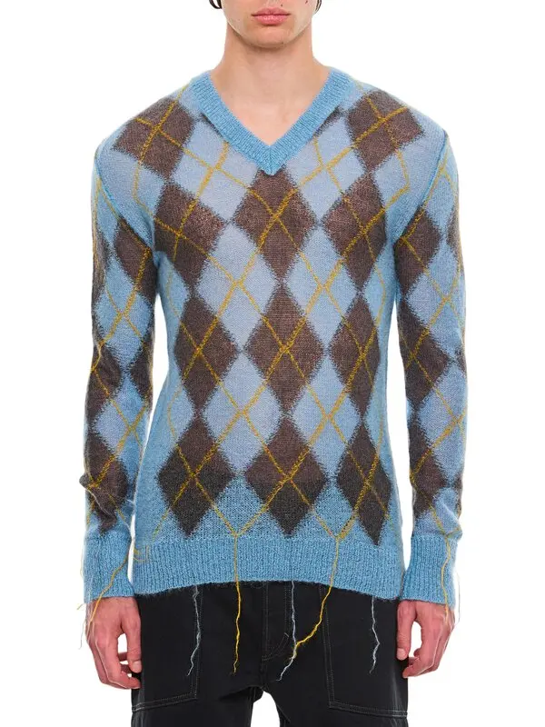 Marni V-neck Argyle See-through Sweater - Multicolor