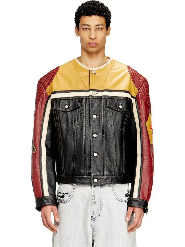 DIESEL® Leather Biker Jacket With Graphic Patches - Multicolor