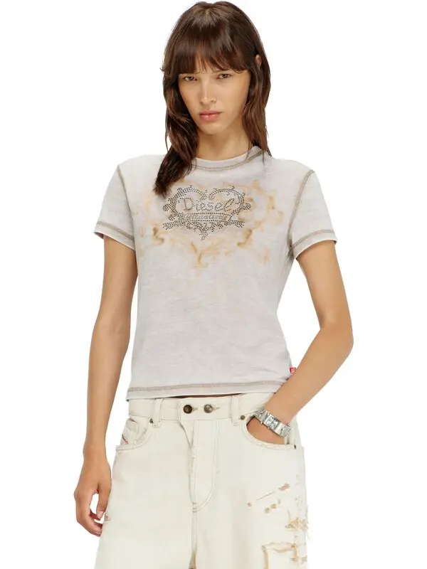 DIESEL® Jersey T-shirt With Rhinestones And Burnout Effect - Grey