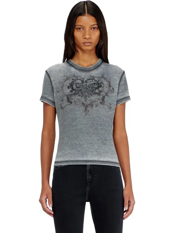 DIESEL® Jersey T-shirt With Rhinestones And Burnout Effect - Grey