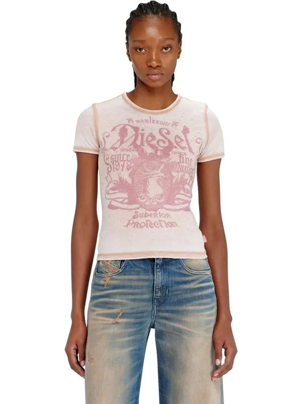 DIESEL® Slim Jersey T-shirt With Print And Studs - Pink