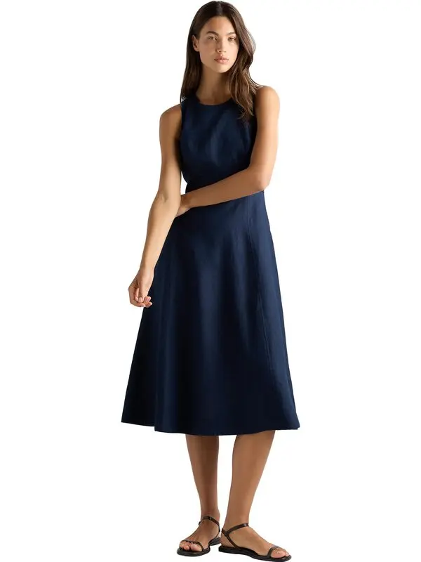 Quince 100% European Linen High Neck Midi Dress - Deep Navy