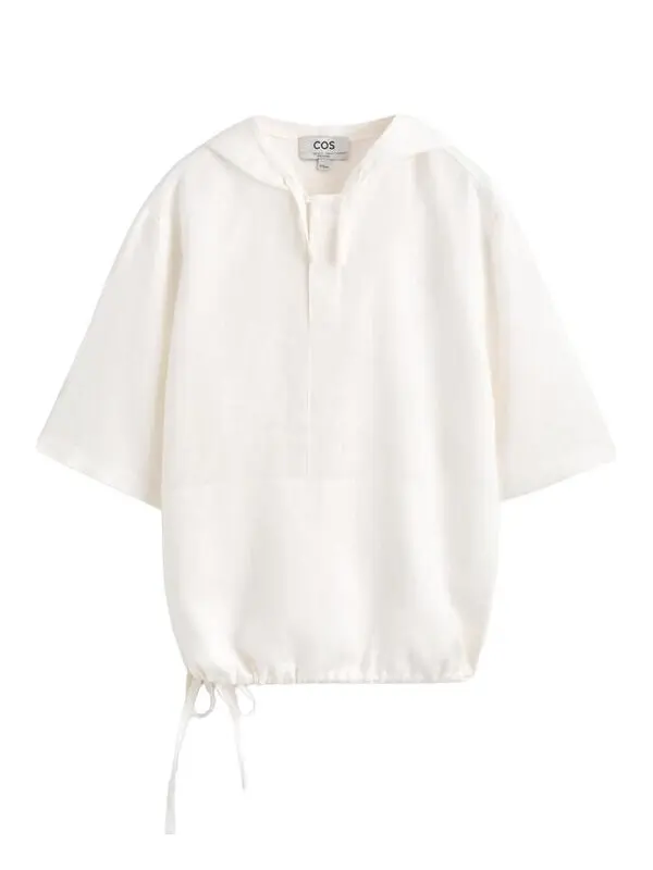 Cos Drawstring Hooded Linen Popover Shirt - White