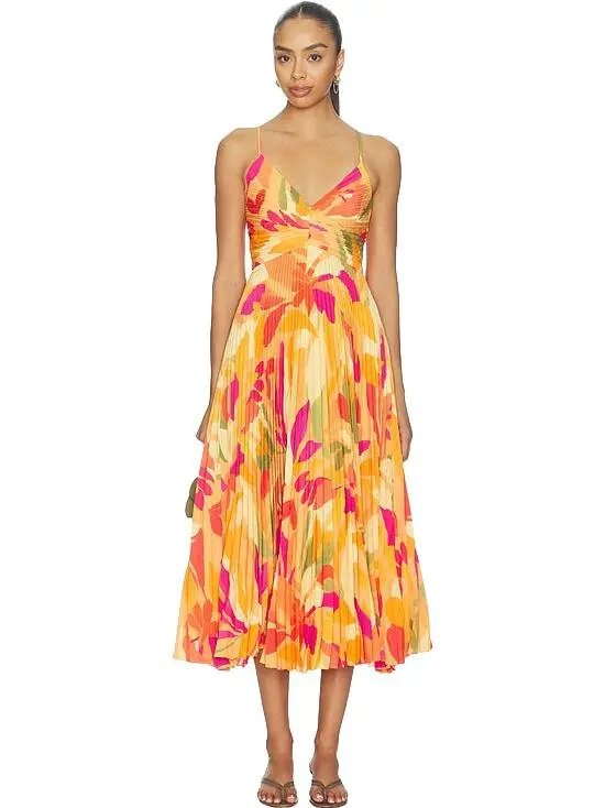 Astr The Label Pleated Midi Dress With Back Cutouts - Orange Floral