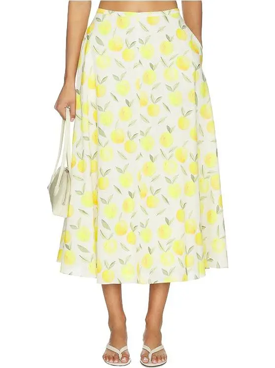 Astr The Label Myria Printed Cotton Midi Skirt - Lemon Print