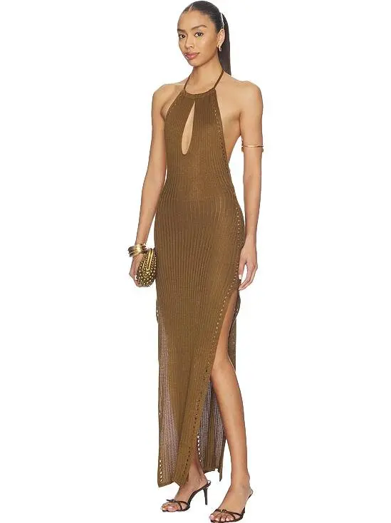 FLOOK THE LABEL Halterneck Maxi Dress With Cut Out Detail - Dark Olive