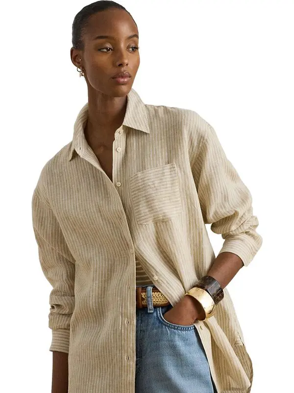 Ralph Lauren Relaxed Fit Striped Linen Shirt - Tan/white