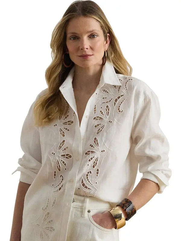 Ralph Lauren Eyelet Linen Button-up Shirt - White