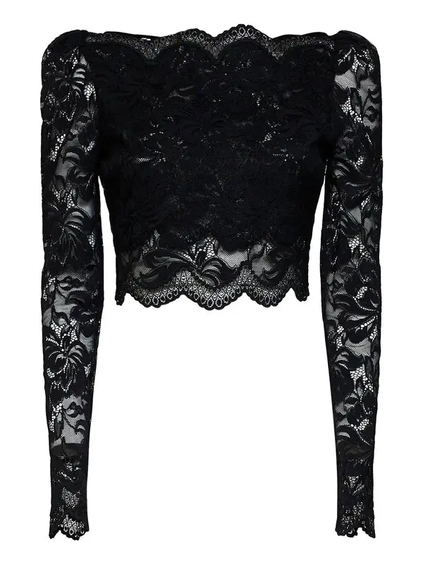 Rabanne Black Stretch Floral Lace Long-sleeved Cropped Top - Multicolor
