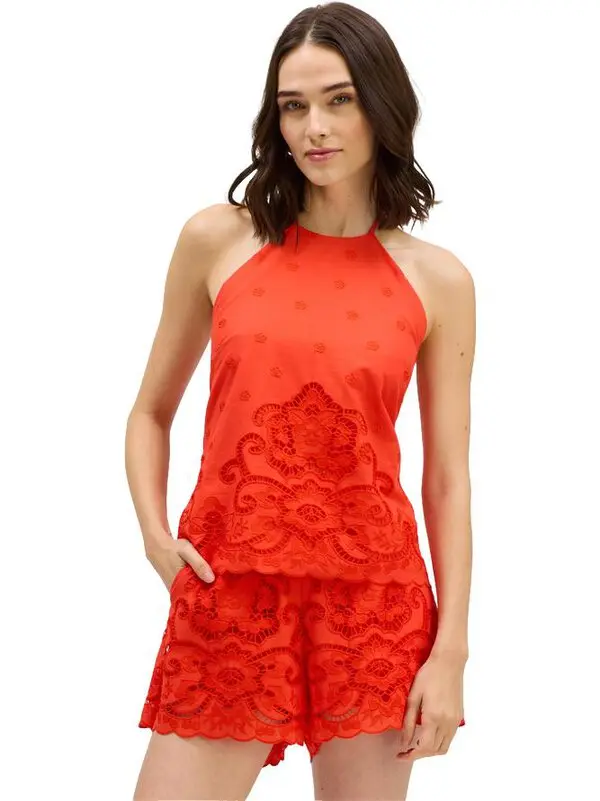 ALLISON NEW YORK Pauline Embroidered Halter Tank - Red