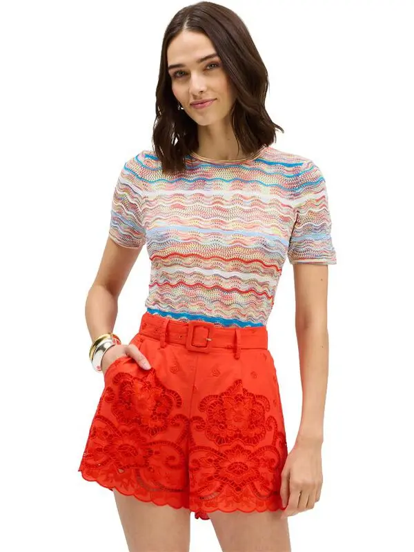 ALLISON NEW YORK Ainsley Embroidered Scalloped Shorts - Red