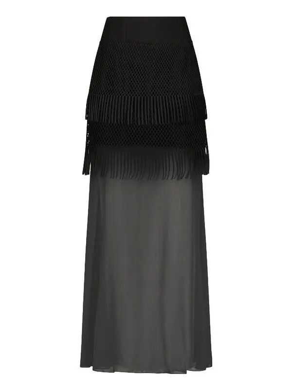 Lela Rose Macramé Lace Tiered Maxi Skirt With Fringe - Black