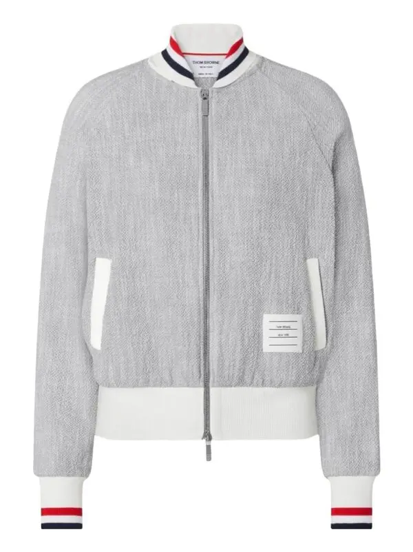 Thom Browne Zip-up Bomber Jacket With Signature Rwb Detailing - Light Grey