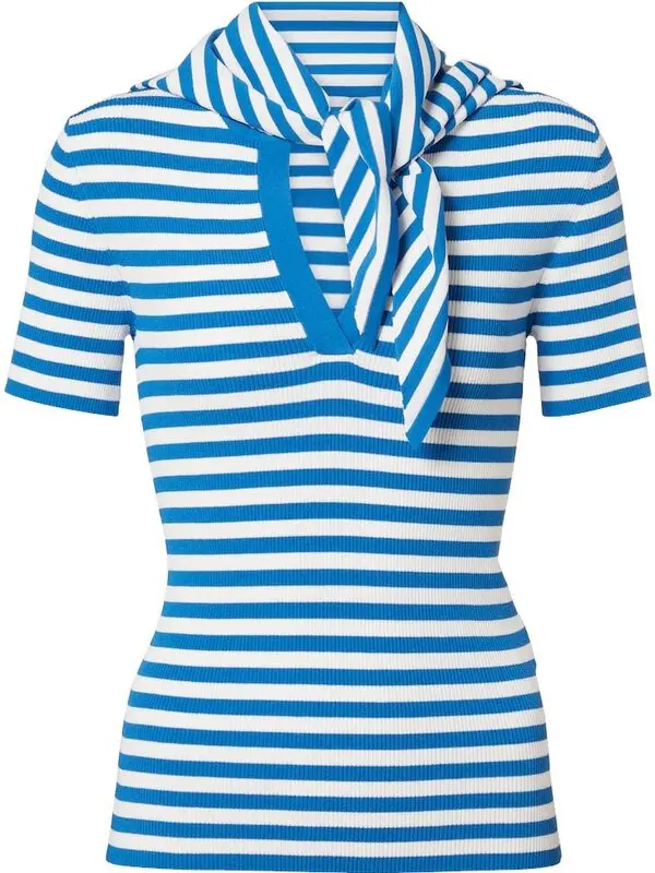 Max Mara Striped V-neck Knitted Top With Detachable Scarf - Blue
