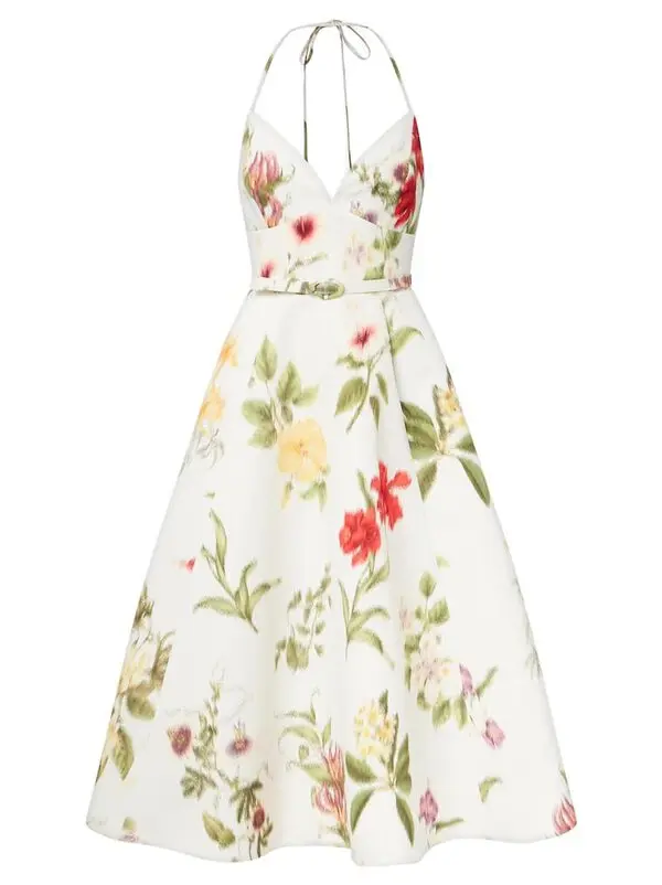 Oscar De La Renta Belted Floral Faille Cocktail Dress - White