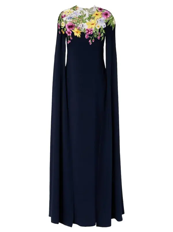 Oscar De La Renta Embroidered Cape Silk-blend Gown - Blue