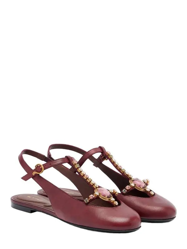 Etro Embellished Leather Slingback Flats - Burgundy