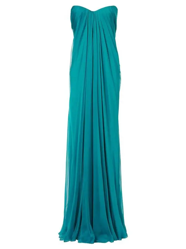 Alexander McQueen Draped Silk Chiffon Bustier Gown - Blue