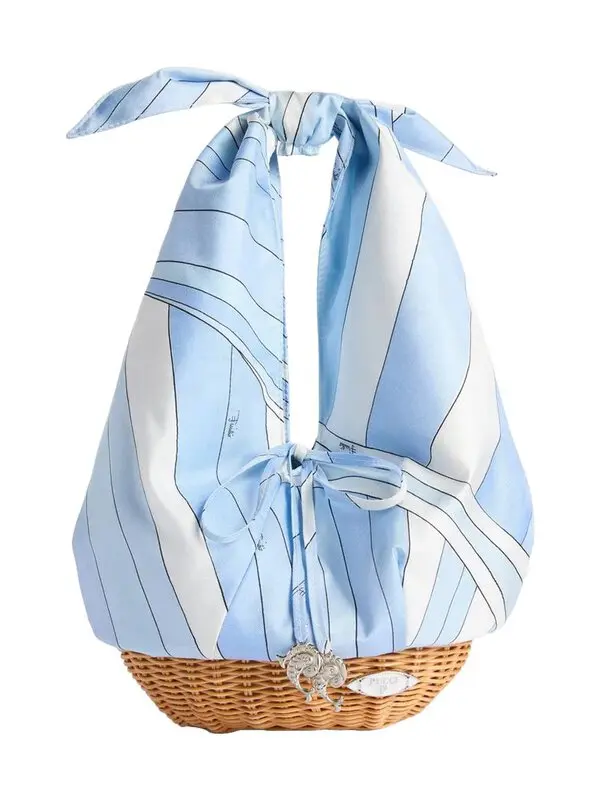 Emilio Pucci Printed Silk Twill And Wicker Handbag - Light  Blue
