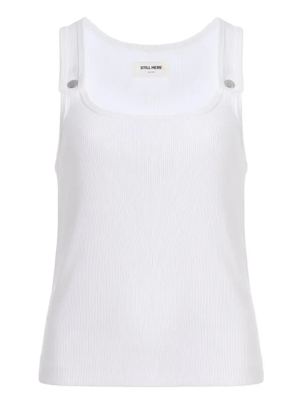 Still Here Ribbed Cotton Tank Top With Button Shoulder Straps - White