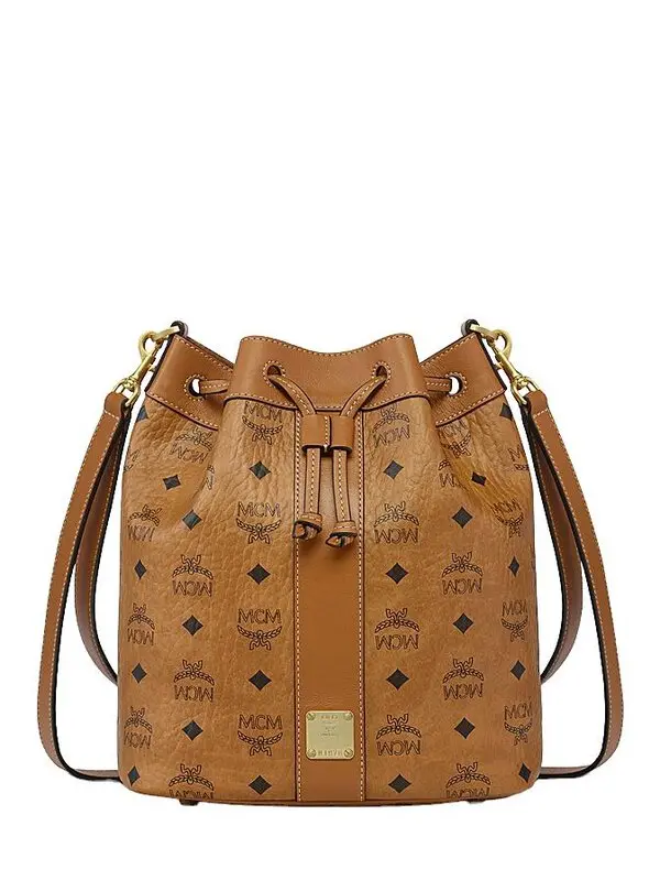 Mcm Dessau Medium Visetos Leather Drawstring Bucket Bag - Cognac