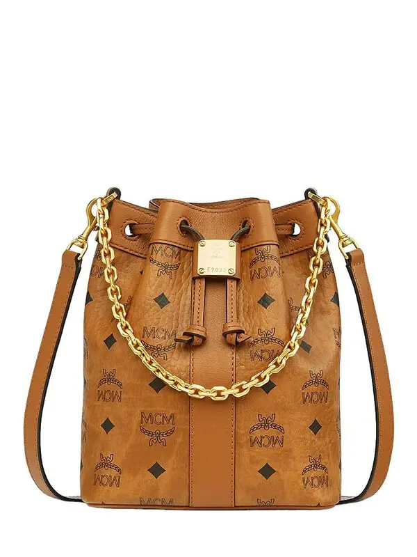 Mcm Dessau Small Visetos Leather Drawstring Bucket Bag - Cognac